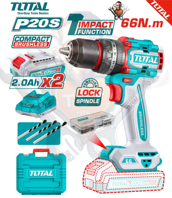 شنيور 20فولت 13مم 2بطارية 2امبير 66نيوتن دقاق توتال_TIDLI20668 – توتال ...